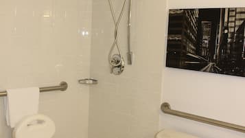 Uma casa de banho com sanita branca, chuveiro com barra de mão e porta-toalhas.