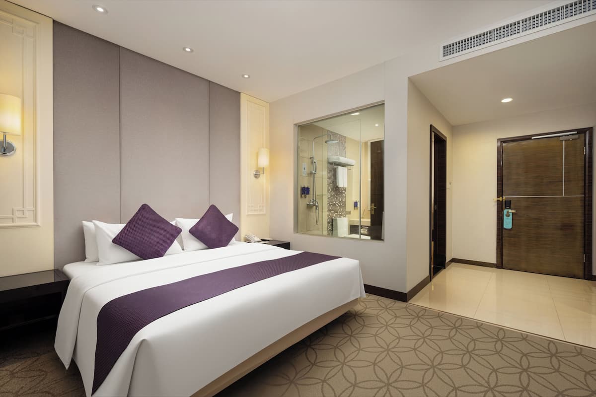 Quarto de hotel com uma cama grande, um espelho, zona de duche e uma porta.