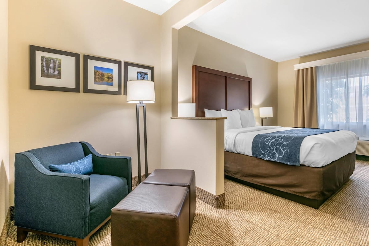 Quarto de hotel com cama, uma cadeira, escrivaninha e quadros na parede.