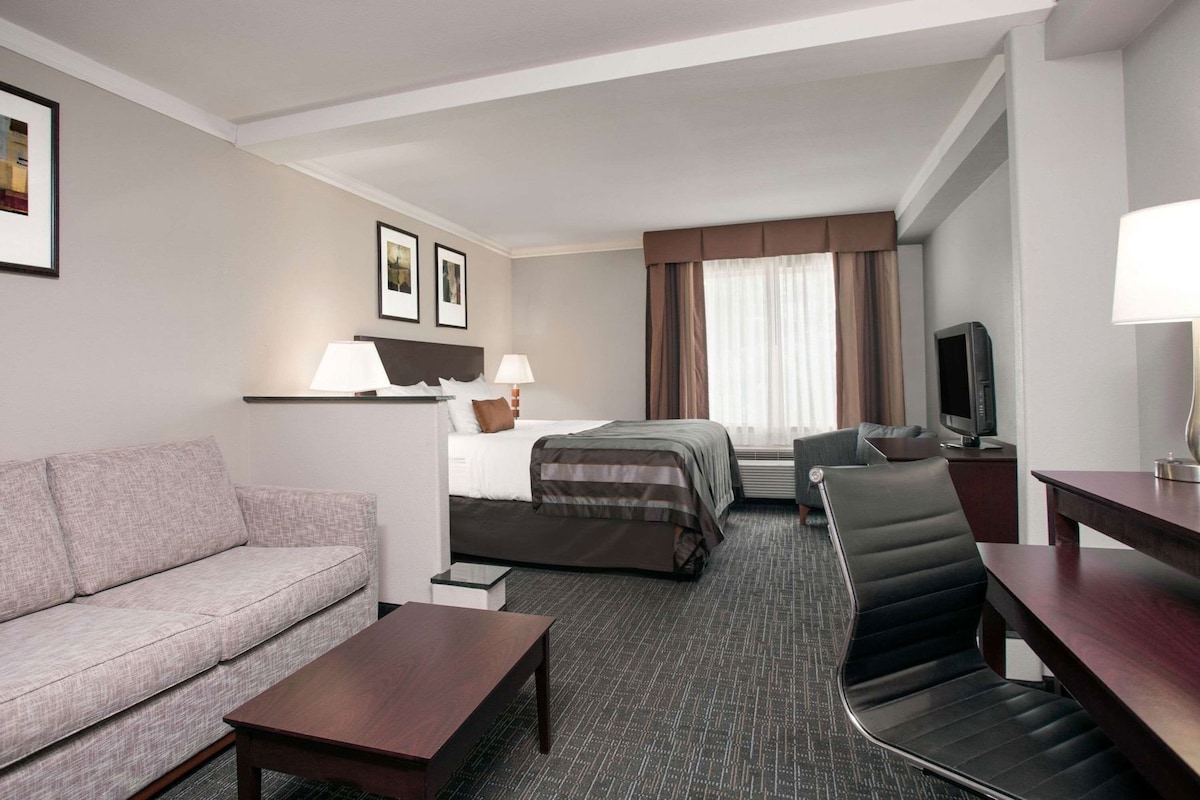 Quarto de hotel com sofá, cama, escrivaninha, cadeira, televisão e quadros nas paredes.