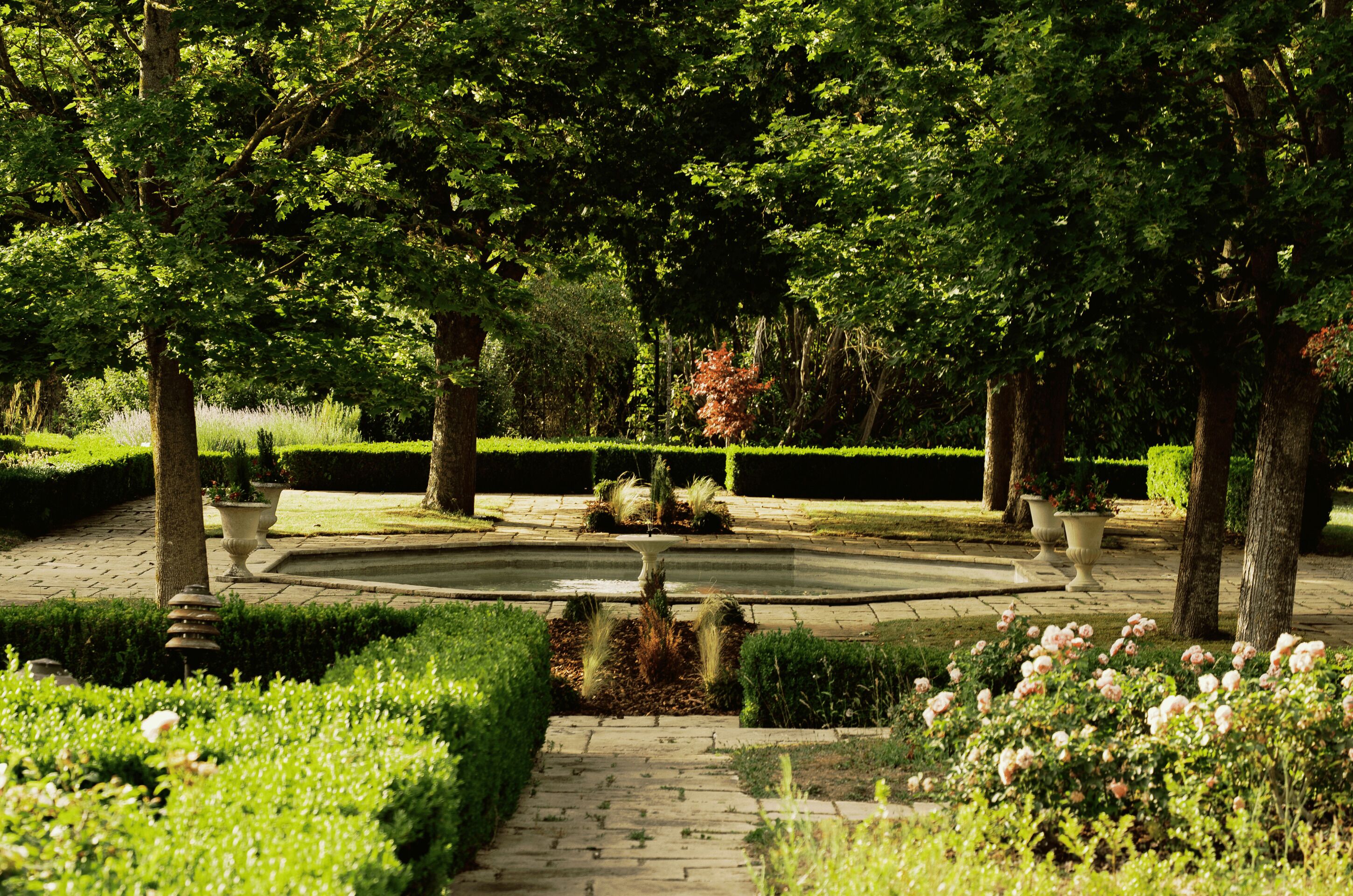 Um jardim com uma fonte central, rodeado por sebes bem aparadas e plantas floridas.