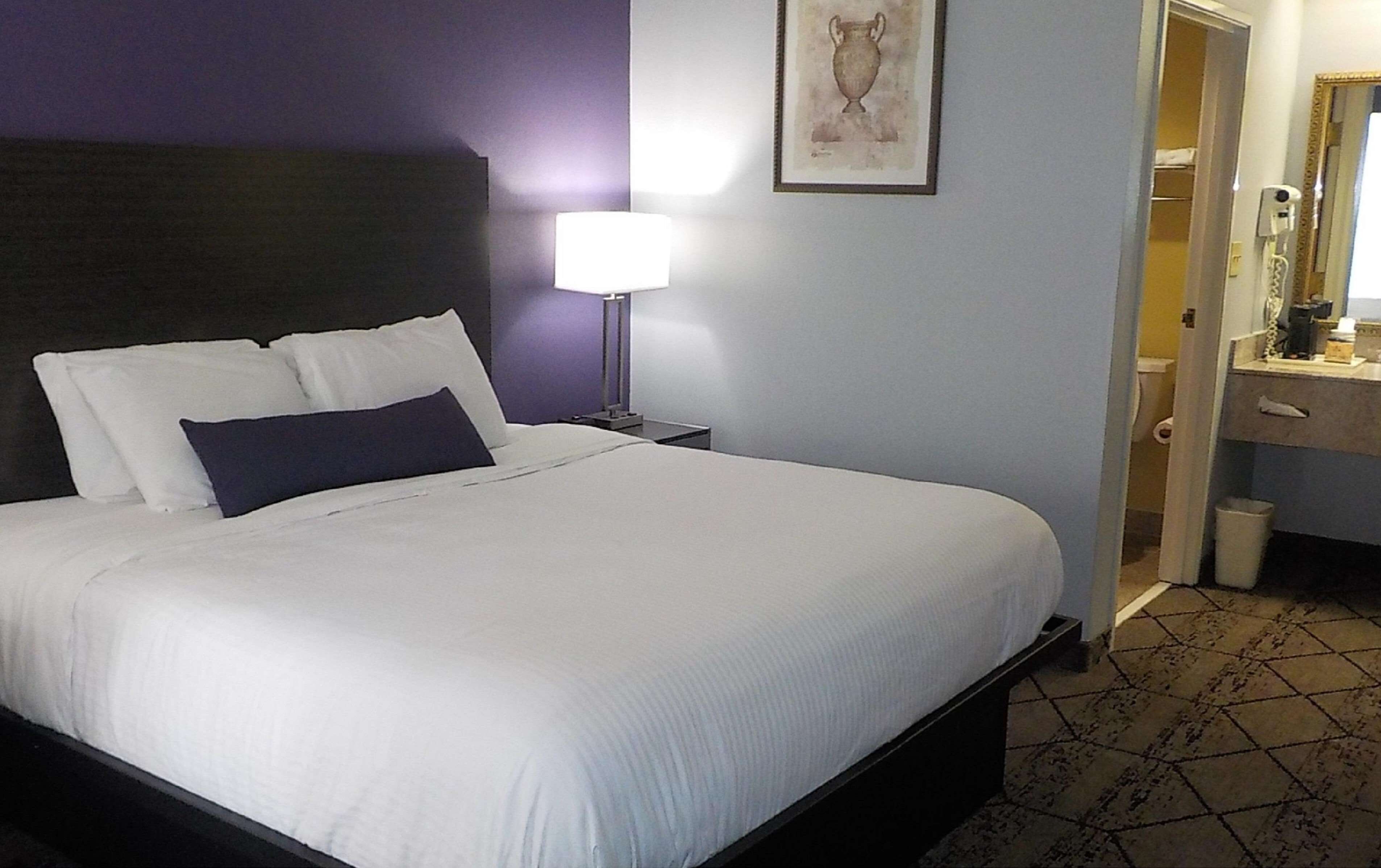 Cama bem arrumada com travesseiros brancos e escuros, uma luminária de cabeceira e um quadro na parede.