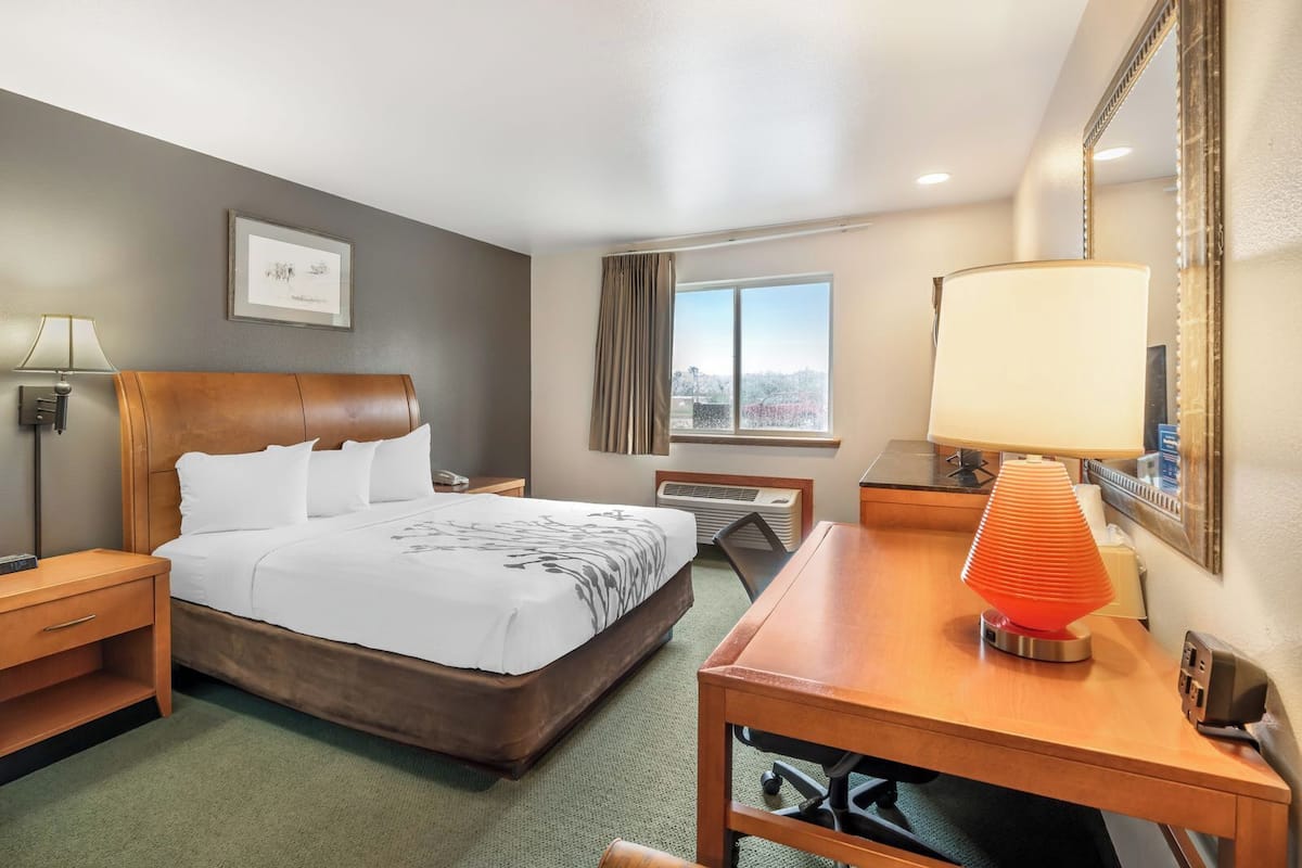 Quarto de hotel com cama, mesa de cabeceira, abajur, escrivaninha, cadeira e janela com cortinas.