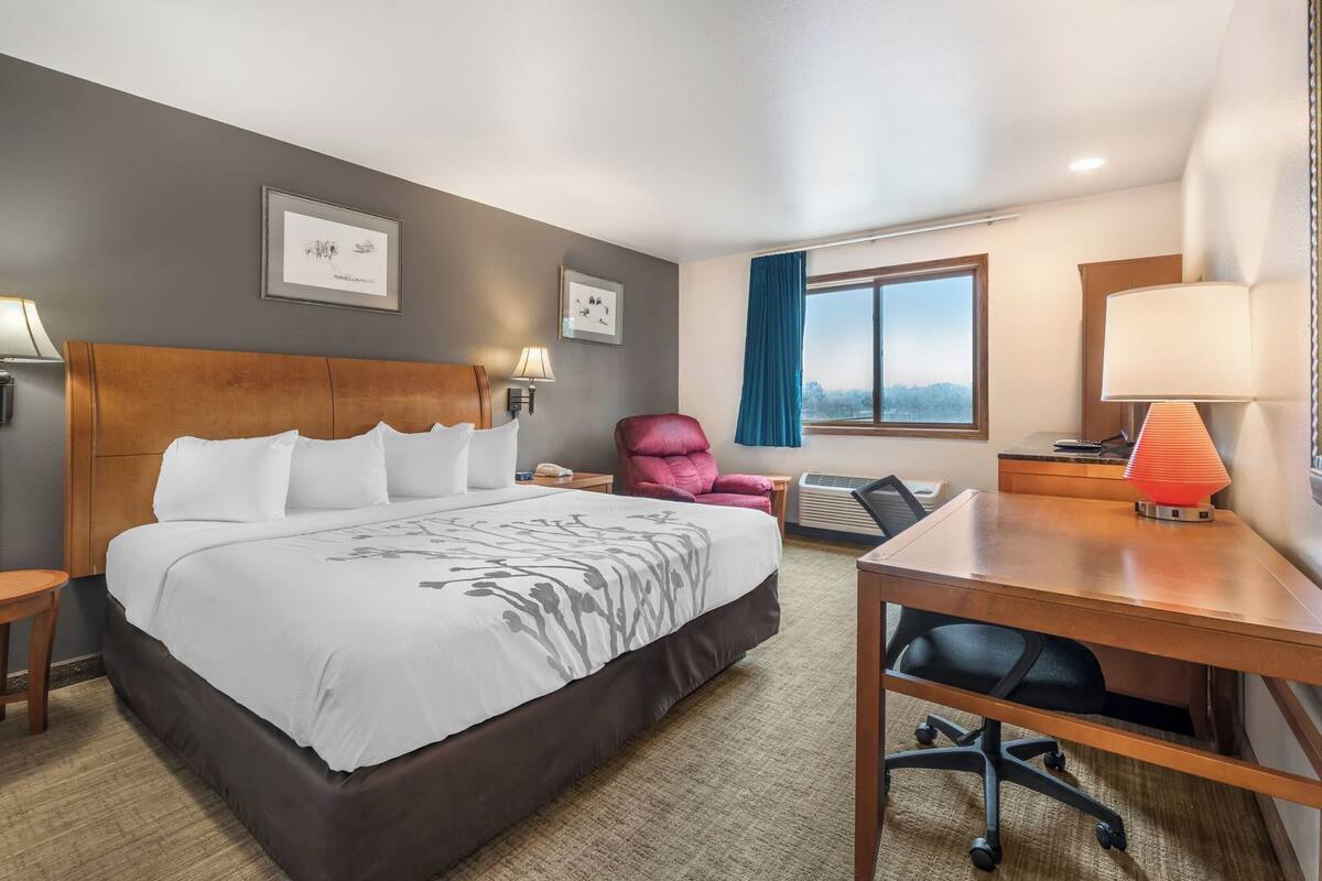 Quarto de hotel com uma cama grande, uma escrivaninha, uma cadeira, uma janela e uma luminária fixada na parede.