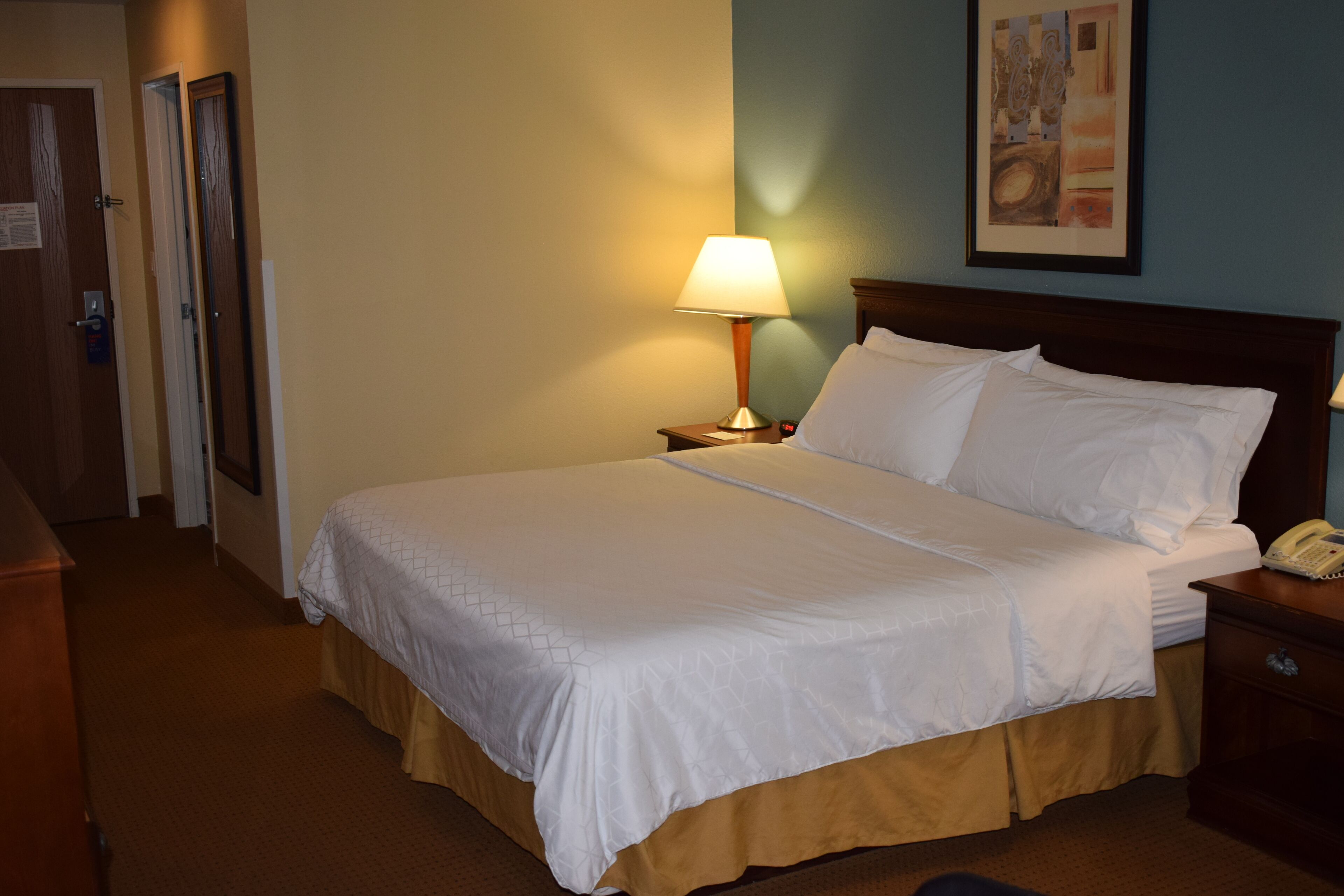 Quarto de hotel com uma cama grande, abajur, telefone e um quadro na parede.