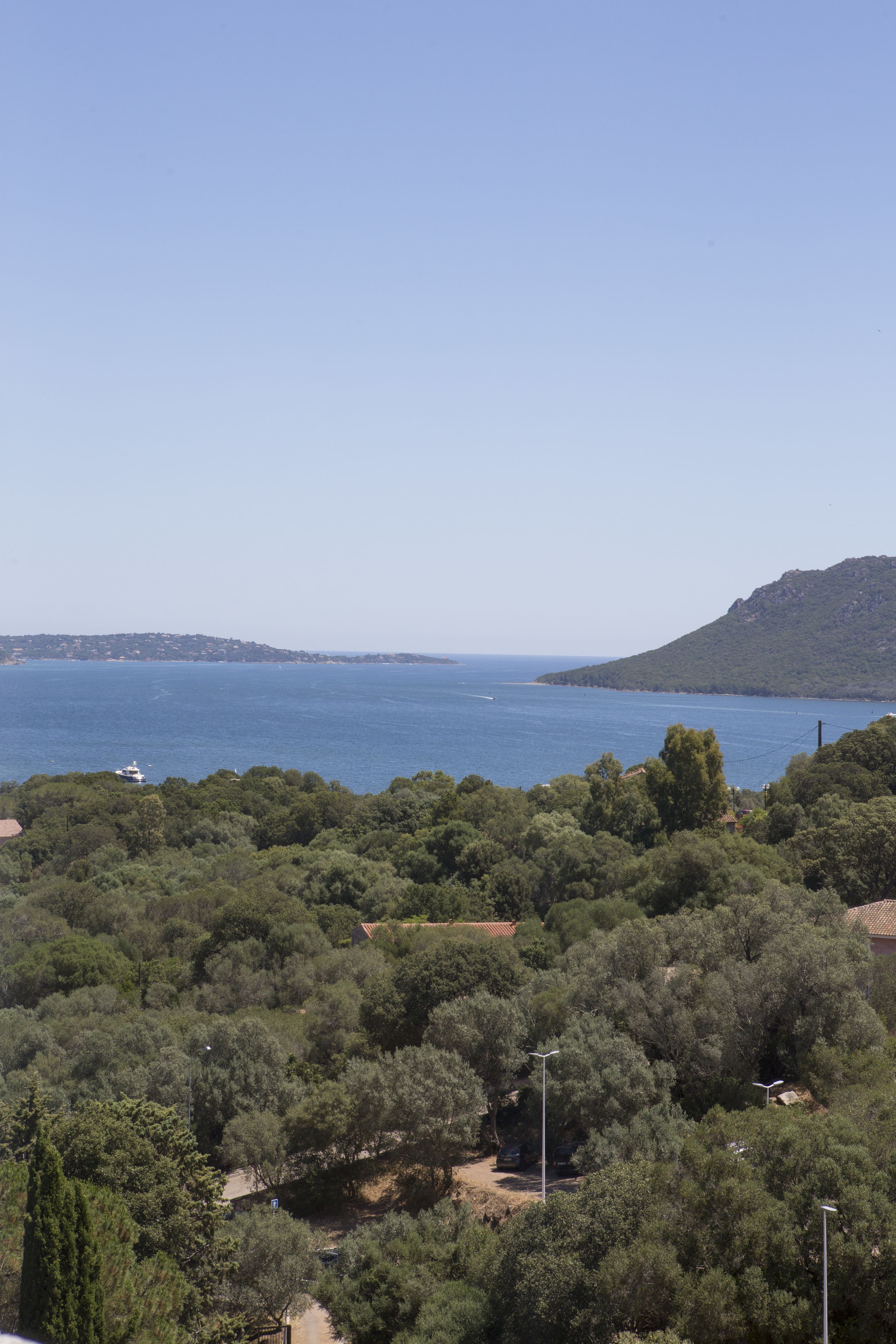 Paisagem costeira com vegetação densa, mar azul límpido e uma colina distante.
