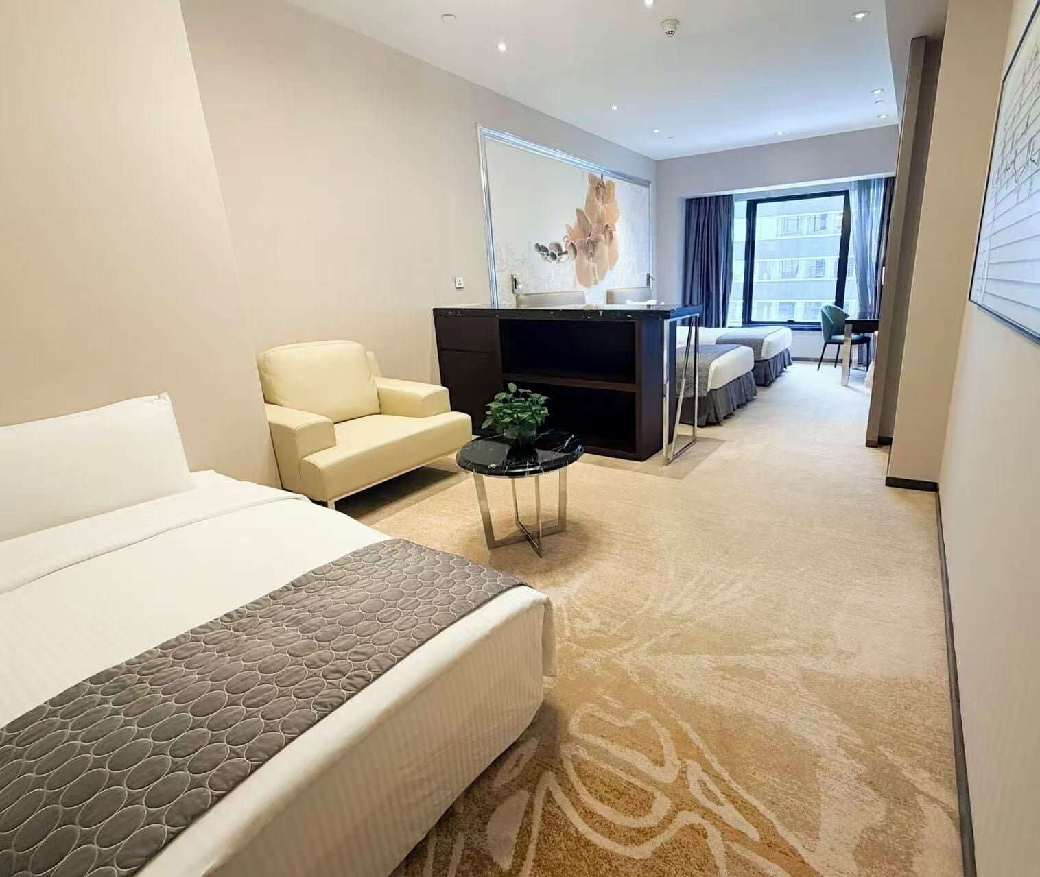 Quarto de hotel com cama, sofá, televisão, uma pequena mesa com uma planta e vista para a cidade pela janela.