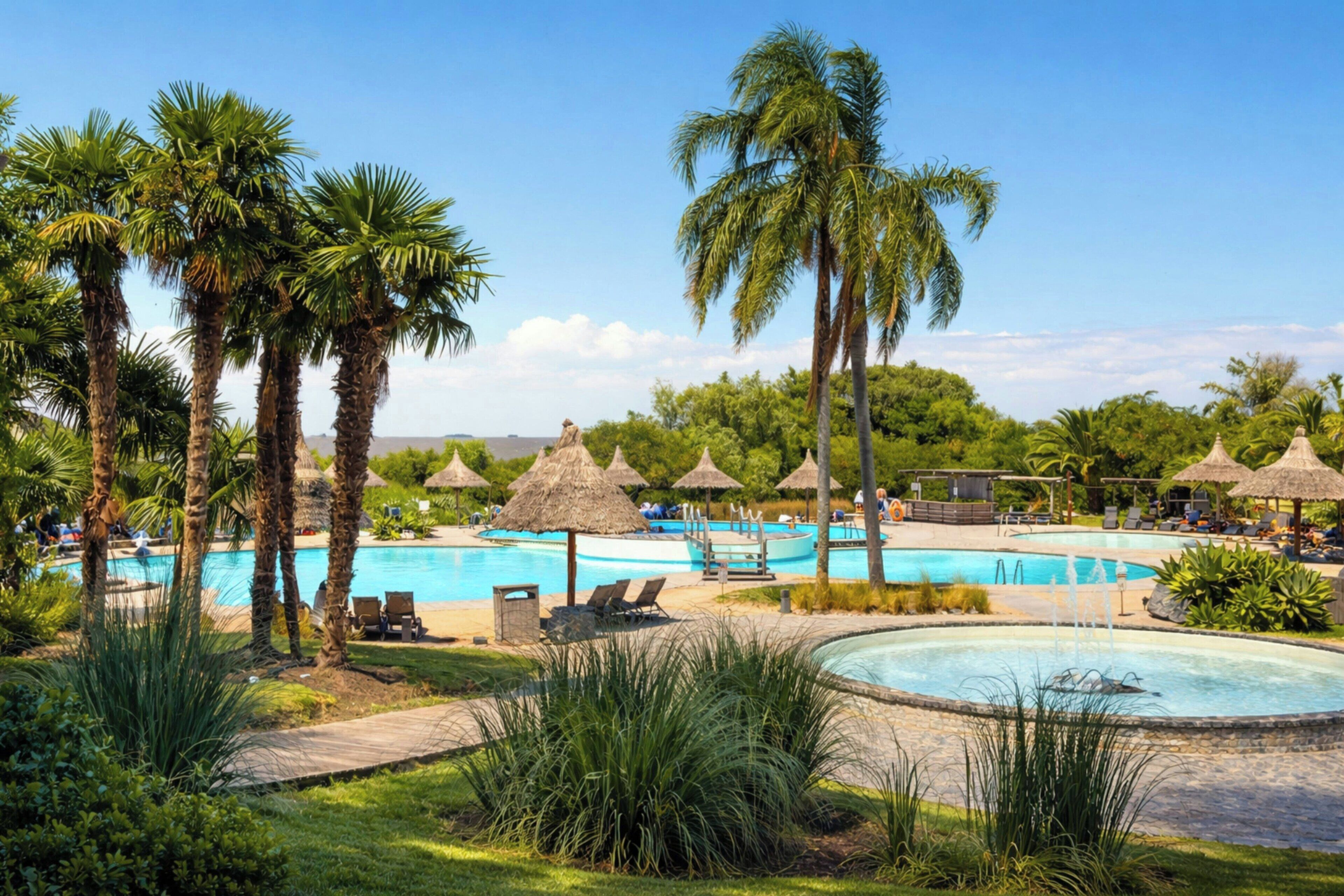 Resort com várias piscinas, palmeiras e espreguiçadeiras.