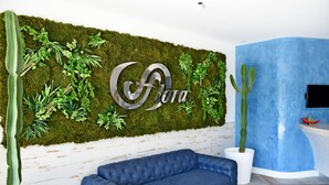 Um lobby moderno com um sofá azul, um cacto e uma placa na parede com a inscrição 'Flora'.