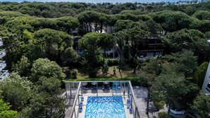 Vista aérea de um resort com piscina, cercado por vegetação densa e com vista para um corpo d'água.