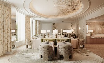 Uma sala de jantar luxuosa, com piso de mármore, móveis elegantes e um lustre.