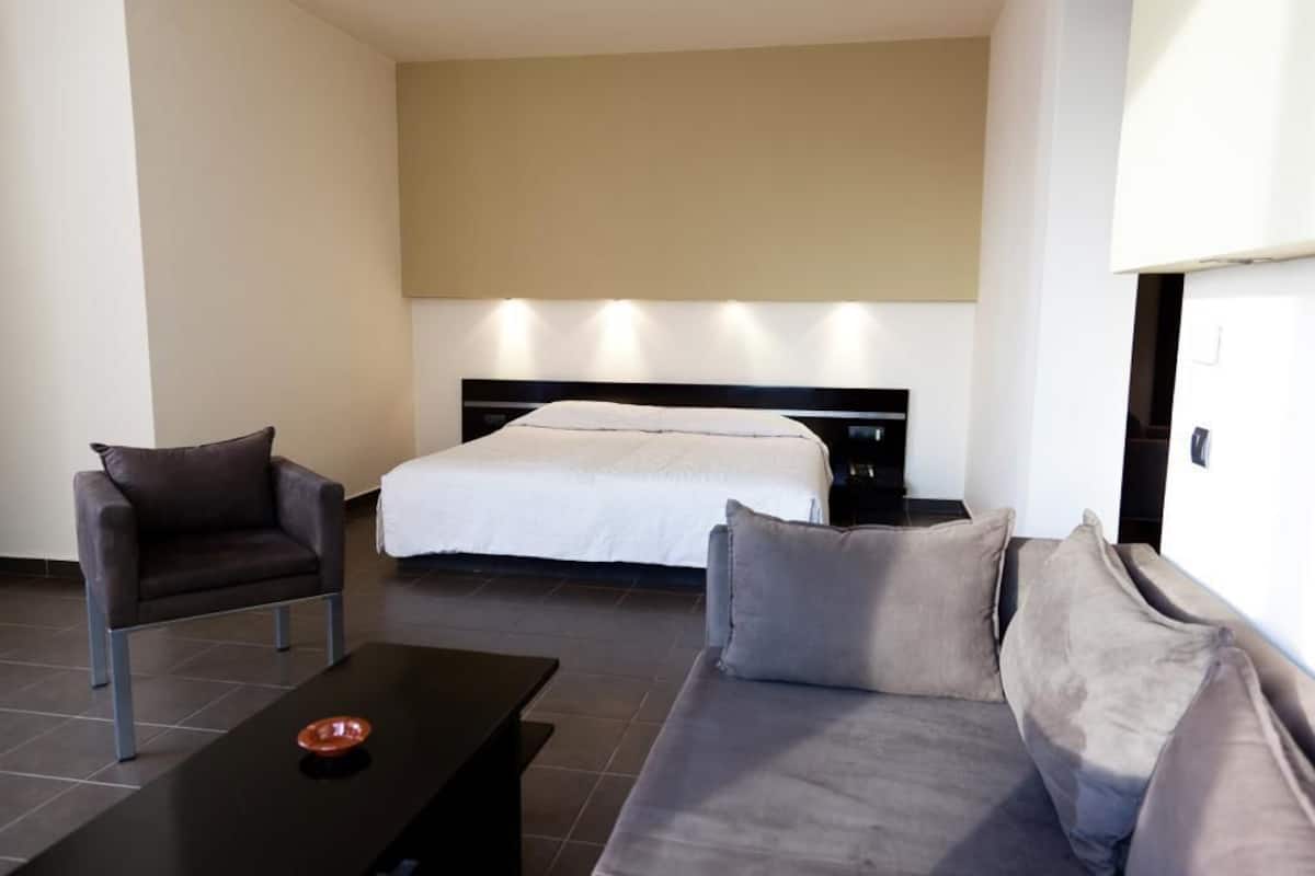 Quarto de hotel moderno com uma cama grande, um sofá, uma cadeira e uma pequena mesa.