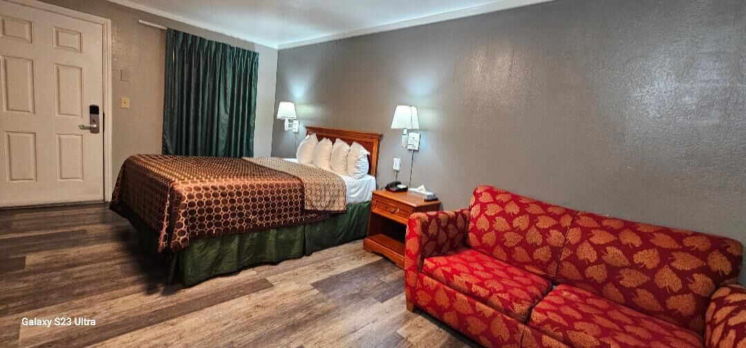 Quarto de hotel com cama, mesa de cabeceira, sofá vermelho estampado e uma porta.