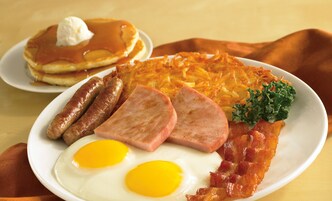 Prato de café da manhã com ovos, bacon, salsichas e batatas picadas.