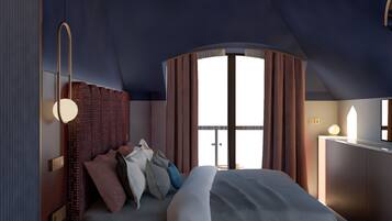 Quarto moderno com teto arredondado, uma cama grande com várias almofadas, uma mesinha de cabeceira e uma janela com cortinas.