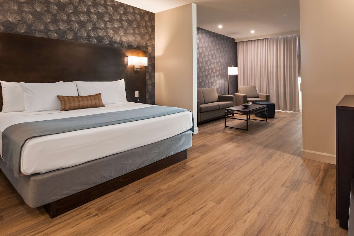 Quarto de hotel com cama grande, sofá, mesa de centro, televisão e luminária.