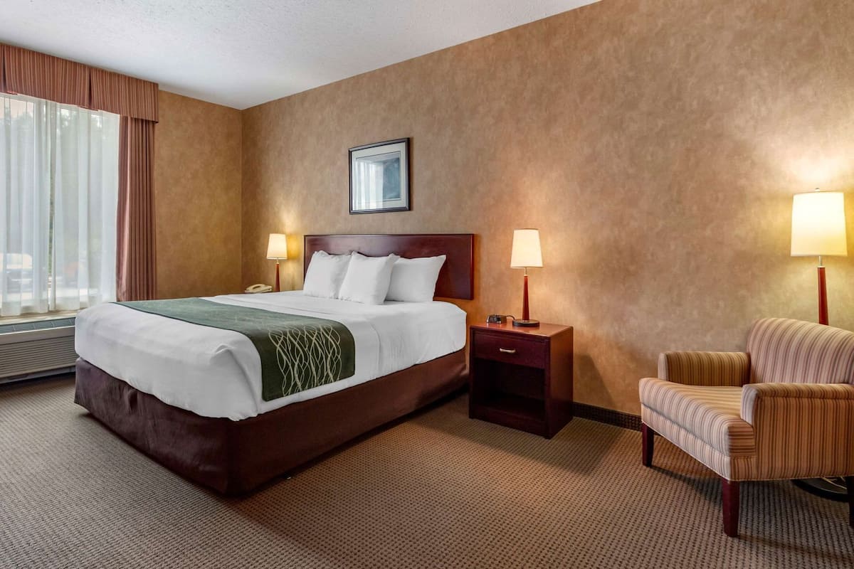 Quarto de hotel com cama, luminárias de cabeceira, uma cadeira e um quadro na parede.