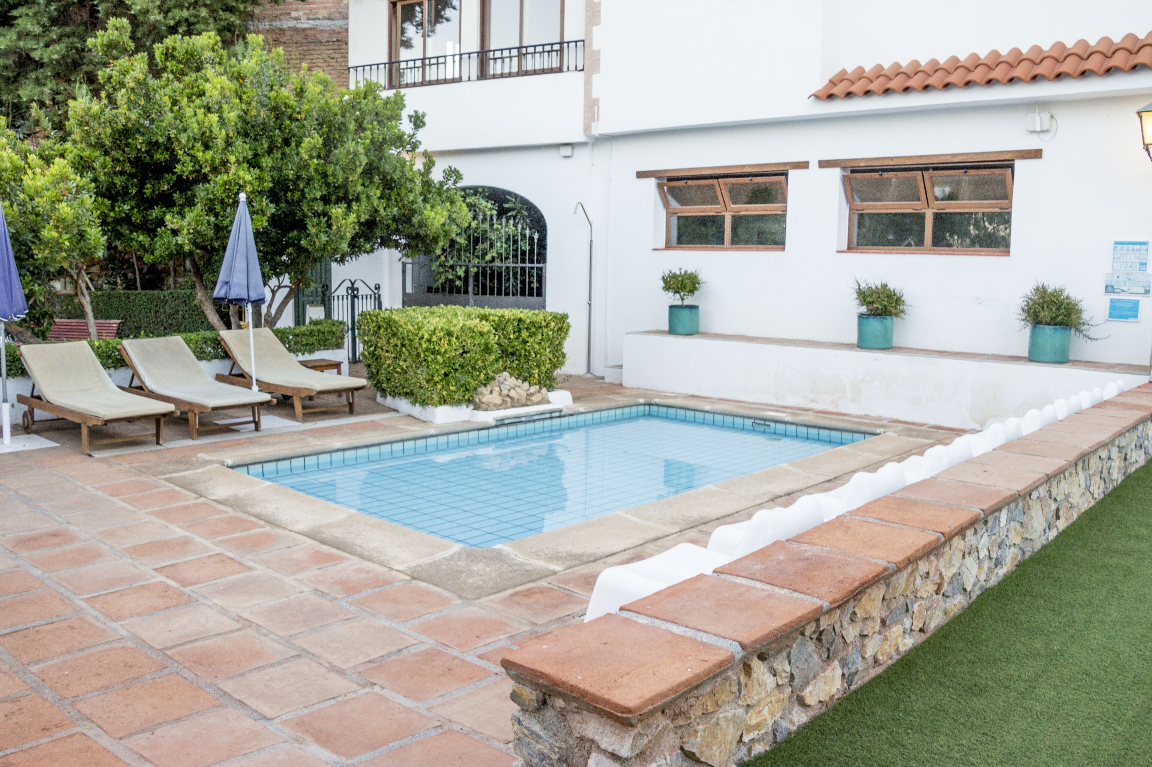 Piscina com espreguiçadeiras e plantas em vasos.