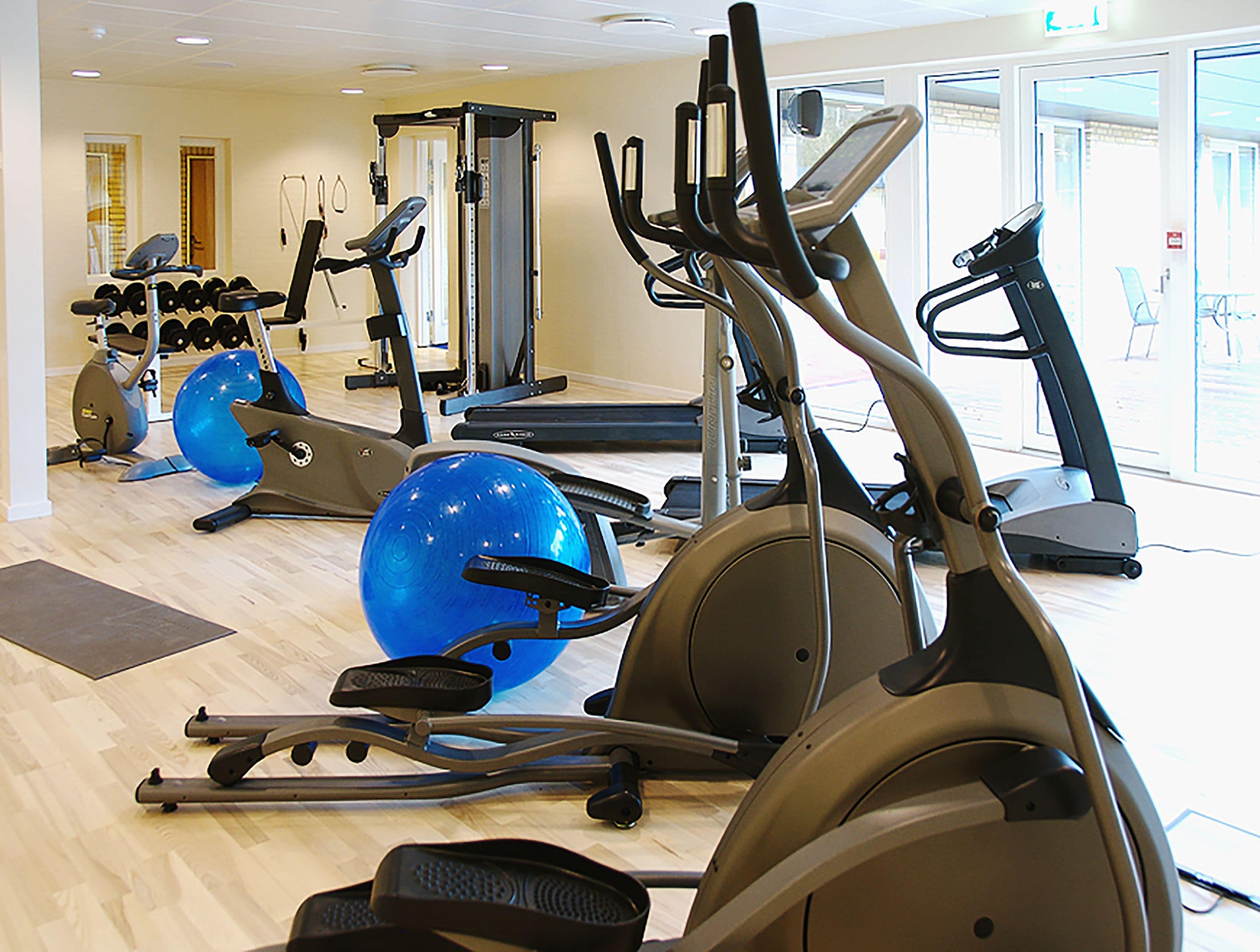 Uma academia com equipamentos de exercícios, incluindo esteiras, elípticos e bolas de ginástica.