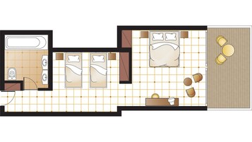 Disposição de quarto de hotel com banheiro, duas camas, área de estar e uma cozinha compacta.