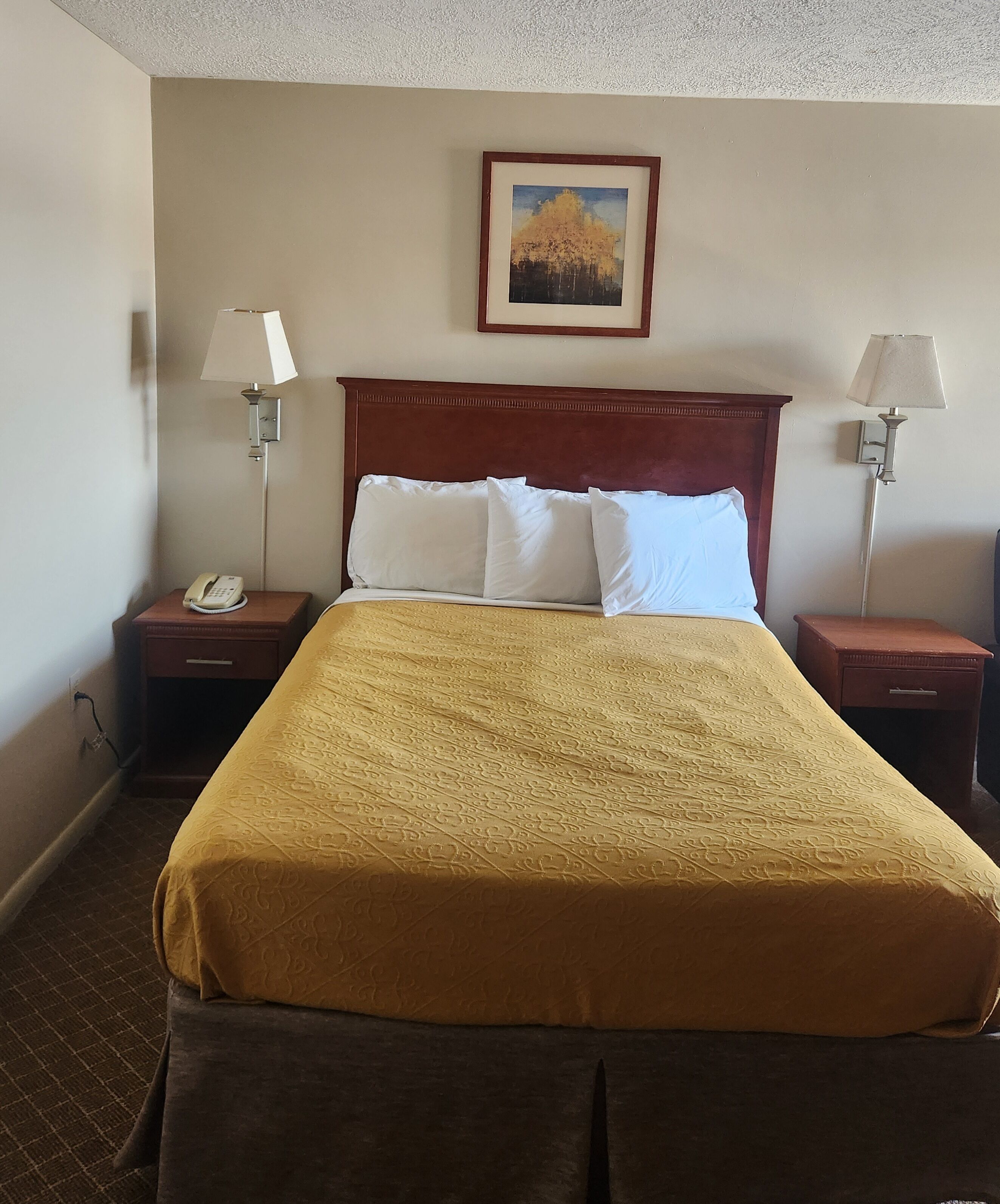 Quarto de hotel com uma cama grande, duas mesas de cabeceira com luminárias, um quadro na parede e um telefone em uma das mesas.