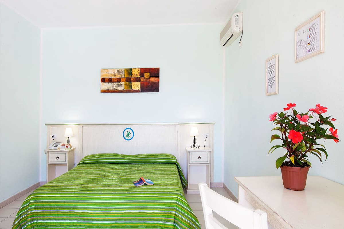 Um quarto com colcha verde listrada, escrivaninha branca, planta em vaso com flores vermelhas e ar-condicionado fixado na parede.
