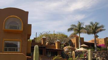 Um resort com edifícios em reboco, palmeiras e cactos.