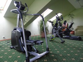 Ginásio interior com equipamentos de exercício, incluindo esteira e elíptica, num espaço com teto inclinado e janelas amplas.