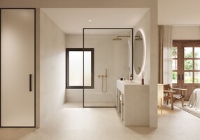 Quarto casal luxo, 1 cama King, terraço, vista para o jardim | Banheiro | Chuveiro, produtos de toalete grátis, secador de cabelo 