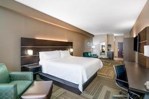 Quarto de hotel com uma cama grande, uma escrivaninha, uma cadeira e um sofá.