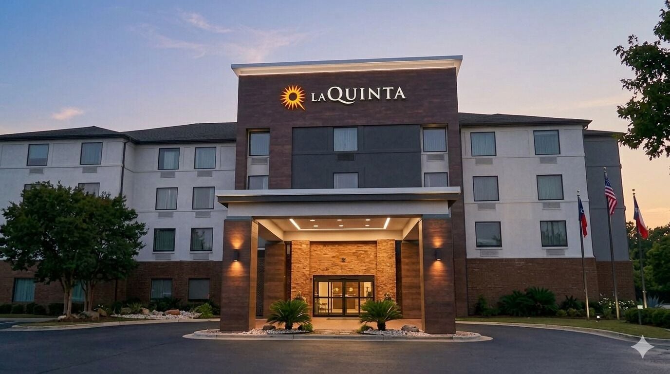 Um hotel com fachada moderna, um logotipo de sol bem visível e uma entrada bem iluminada.