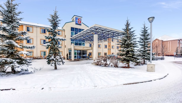 Um hotel com entrada coberta de neve, área externa coberta e árvores carregadas de neve.