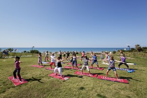 Um grupo de pessoas praticando yoga ao ar livre em um campo gramado, com vista para o oceano.