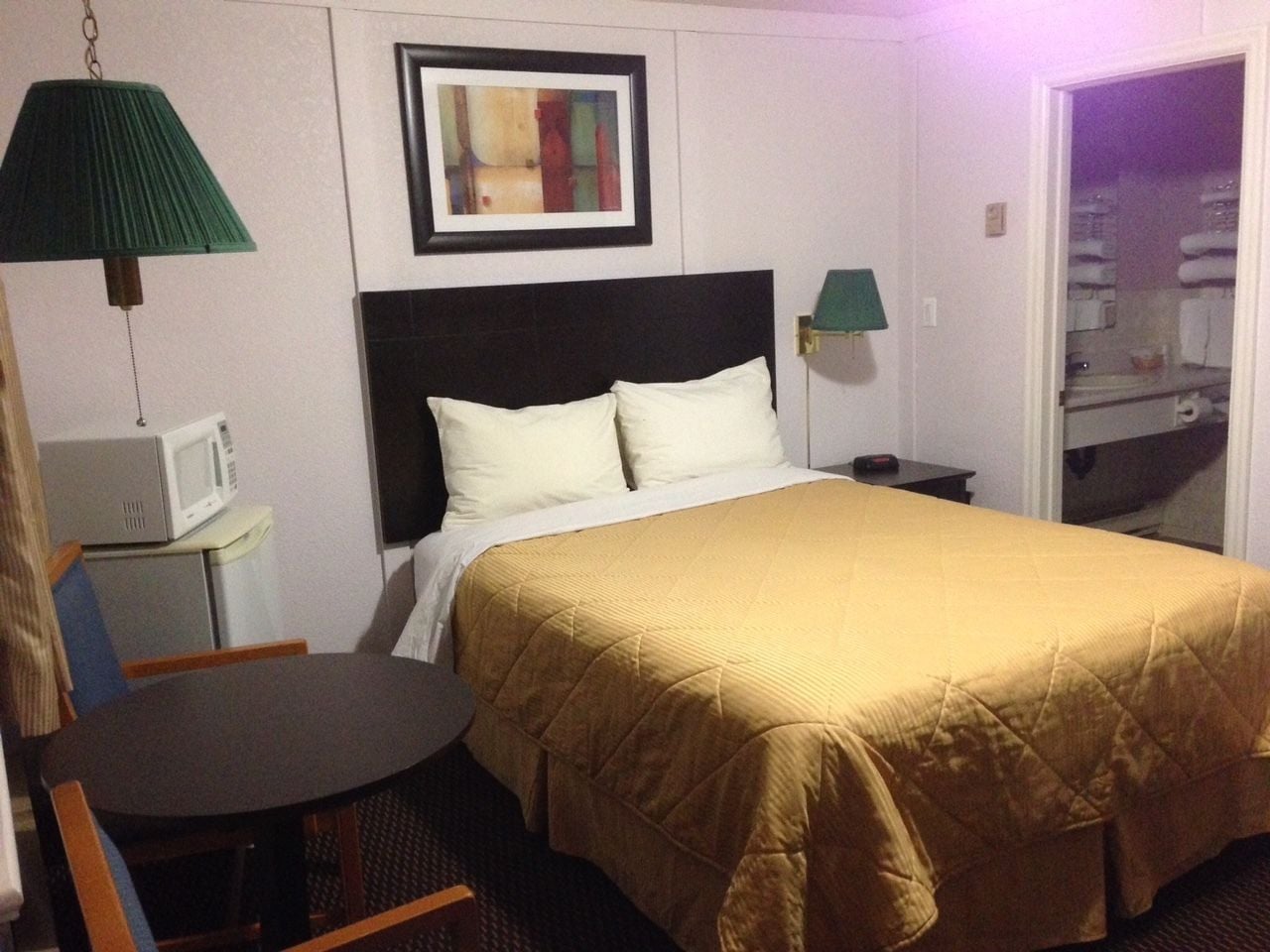 Quarto de hotel com uma cama, uma mesa, uma cadeira, micro-ondas, abajur e um quadro na parede.