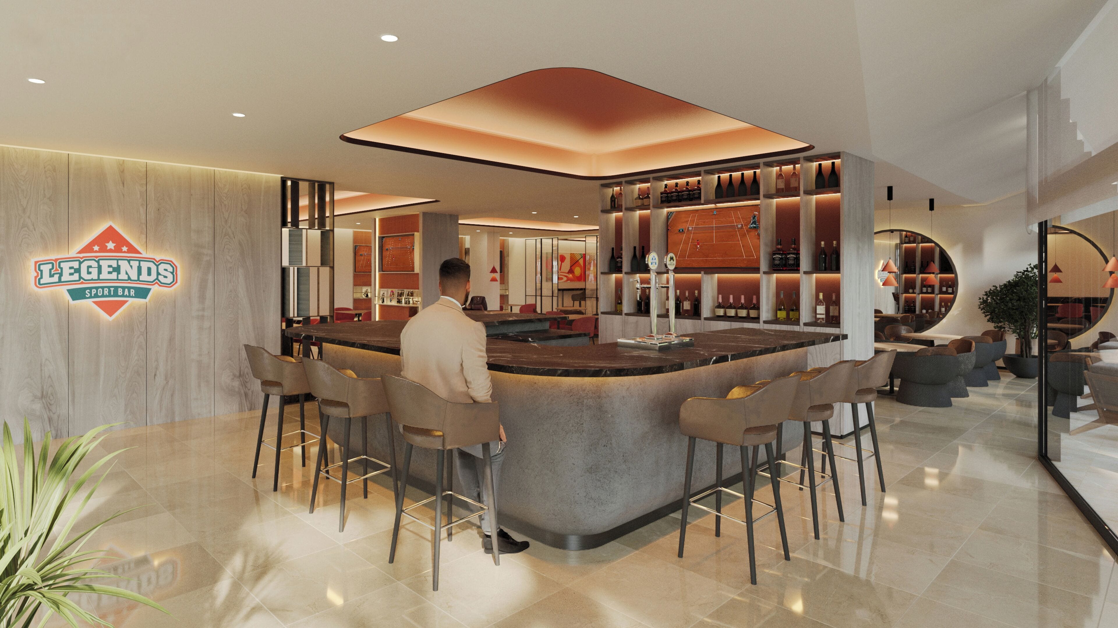 Uma  área de bar moderna com ilha central, banquetas e um letreiro à mostra com a inscrição 'LEGENDS SPORT BAR'.
