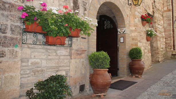 Um edifício de pedra com entrada em arco, plantas em vasos e um letreiro acima da porta.