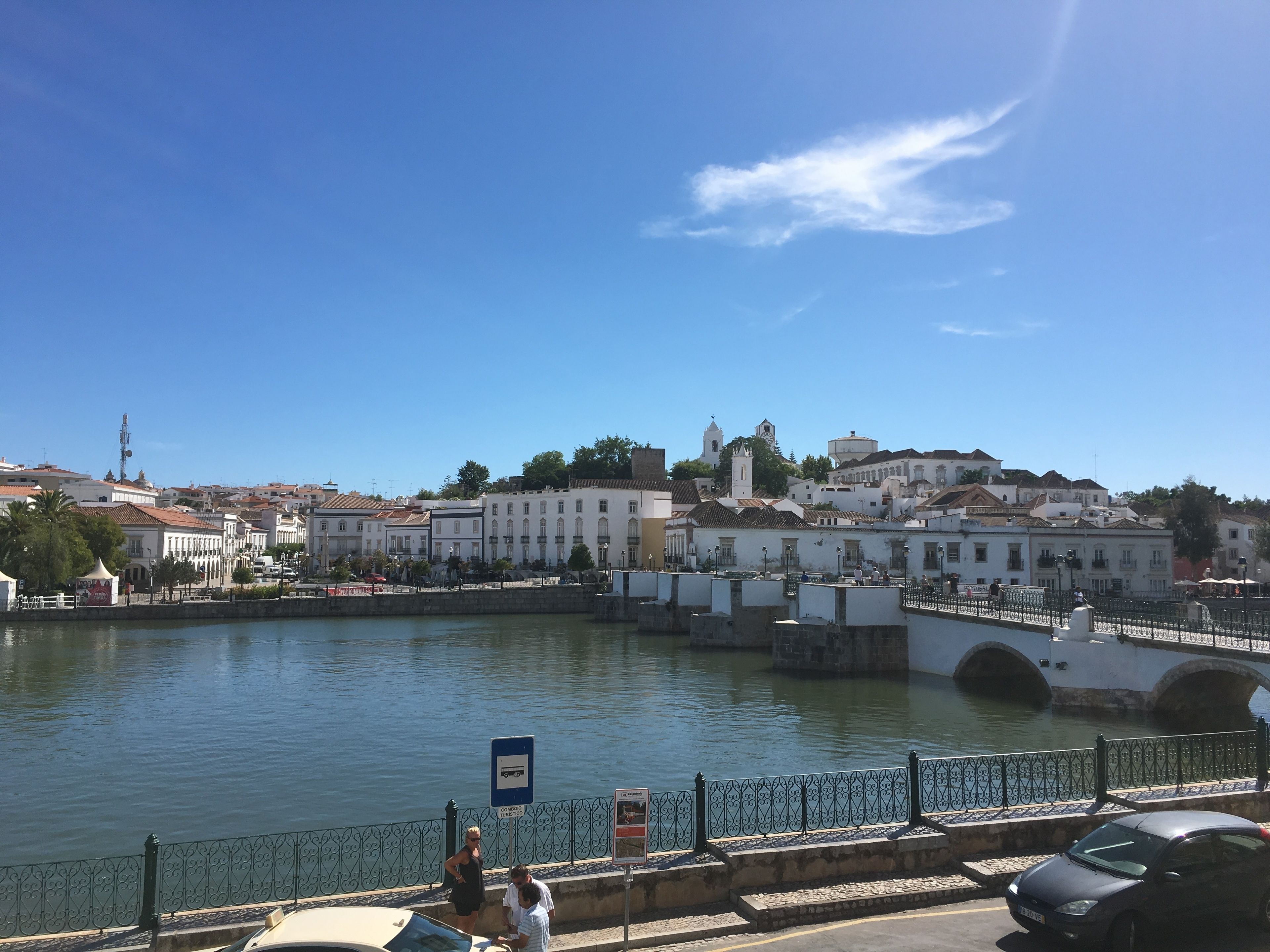 Vista para o rio, com edifícios históricos, uma ponte e céu limpo.