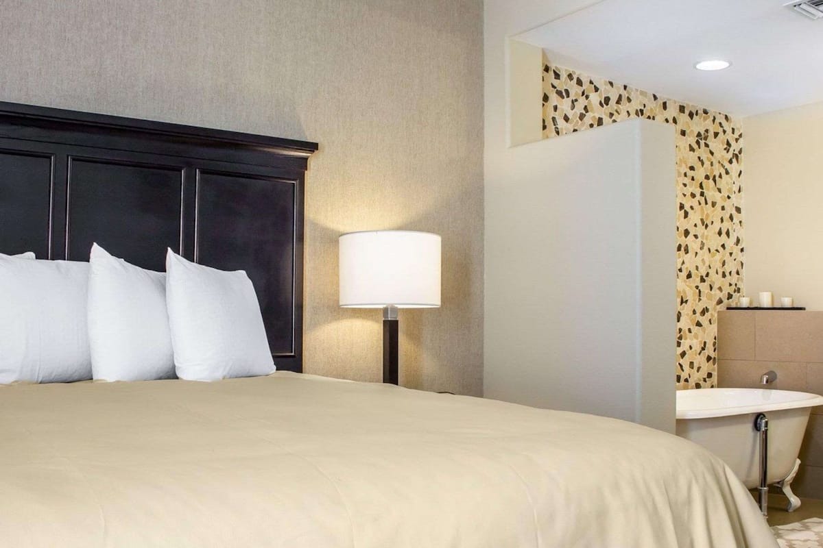 Quarto de hotel com uma cama grande, abajur, banheiro com chuveiro e vaso sanitário.
