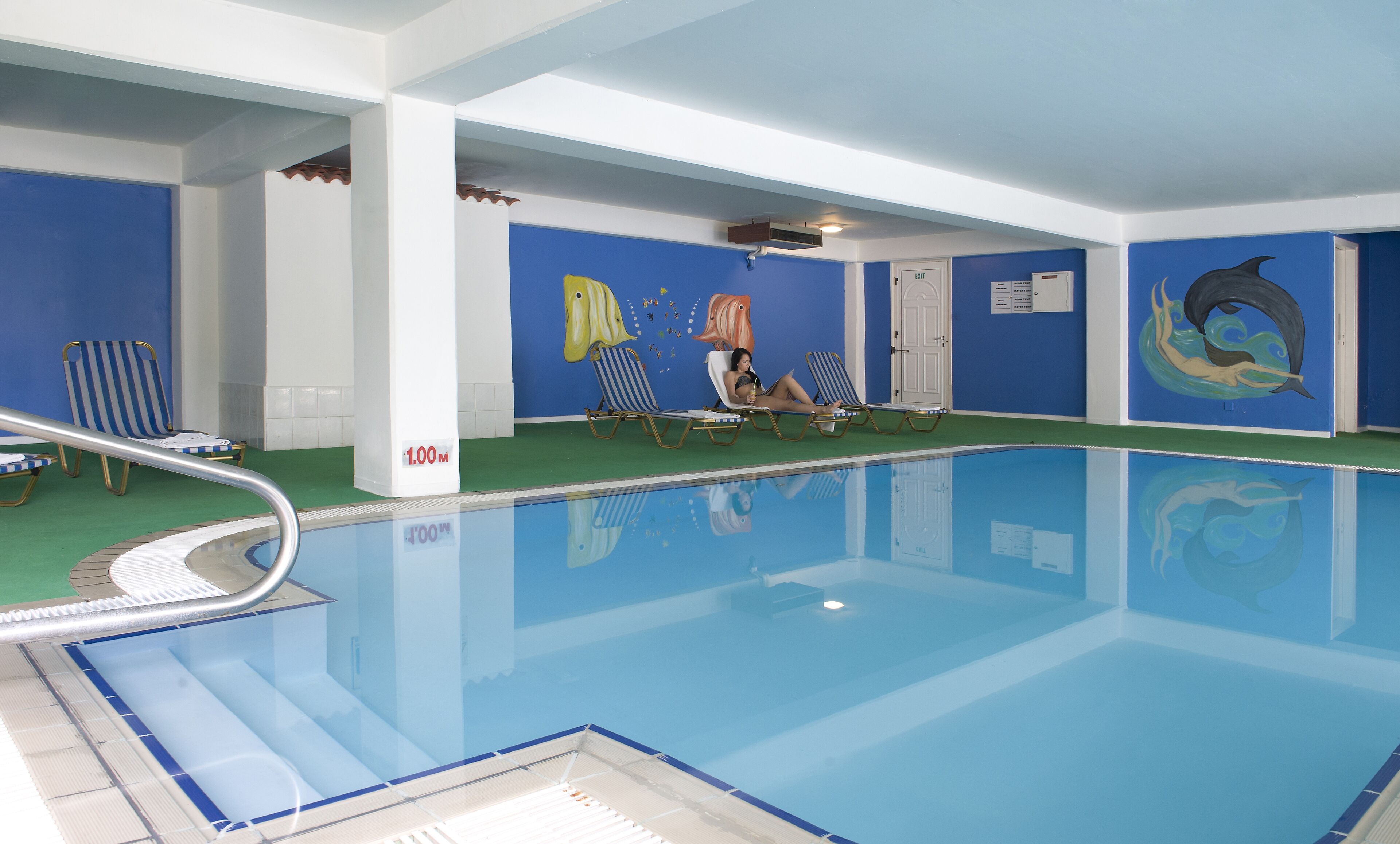 Piscina interior com paredes azuis, um mural de golfinhos e cadeiras de descanso.