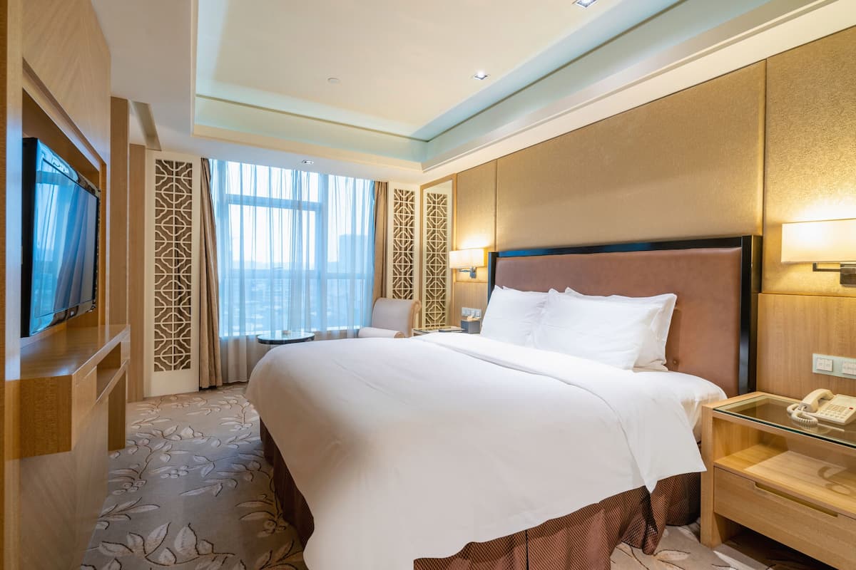 Quarto de hotel com uma cama grande, uma mesa de cabeceira com abajur, televisão e tapete estampado.