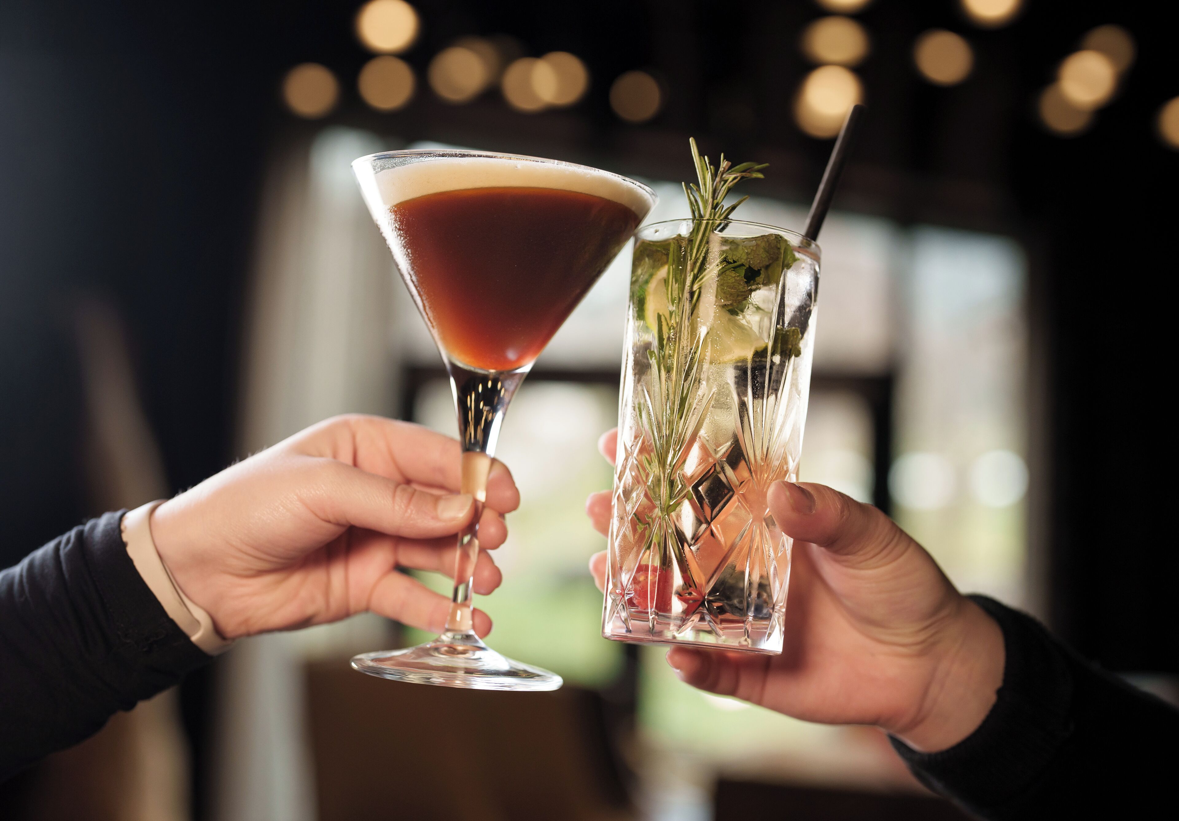 Duas mãos segurando um copo de martini e um copo highball com um ramo de alecrim.