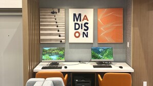 Um espaço de escritório moderno com duas mesas, cada uma com monitor de computador, teclado e rato. Existem dois quadros na parede, um com a palavra 'MADISON' e outro com um padrão geométrico.