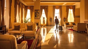 Um hall amplo com piso lustroso, assentos confortáveis e janelas grandes com cortinas.