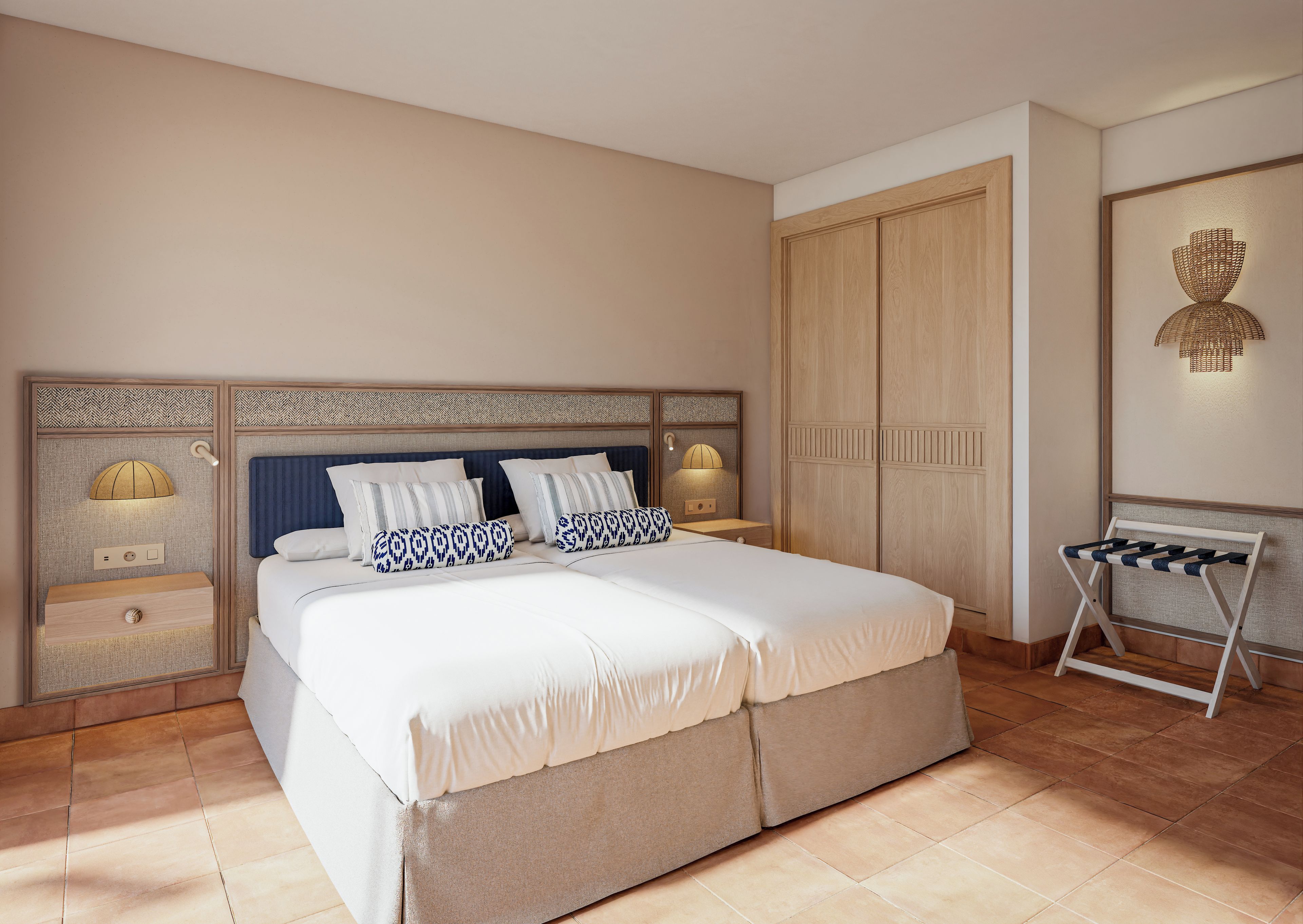 Quarto com cama grande, guarda-roupa, mesa de cabeceira e luminária na parede.