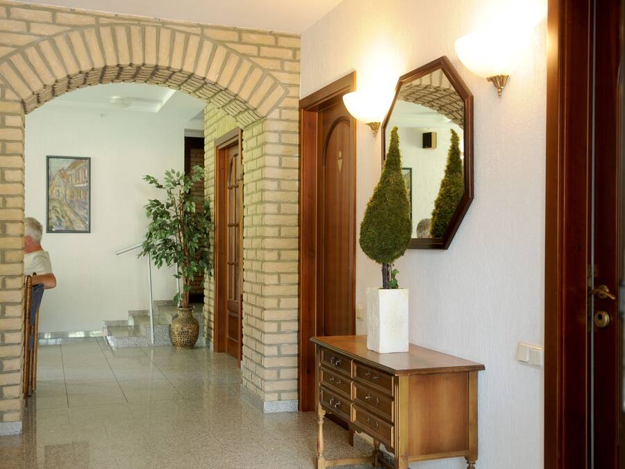 Um corredor com um arco de tijolos, uma porta de madeira, um espelho e um vaso com planta.
