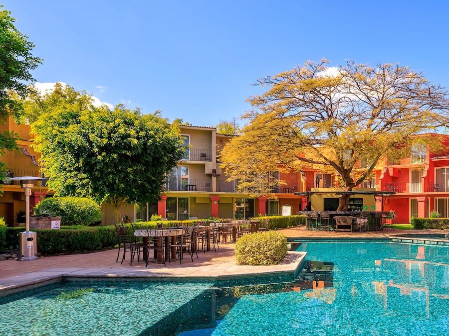 Pátio de hotel com piscina, área de estar externa e uma grande árvore.
