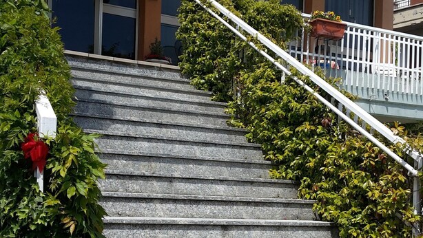 Um edifício com um conjunto de degraus de pedra que levam a uma porta, cercado por vegetação e vasos de flores.
