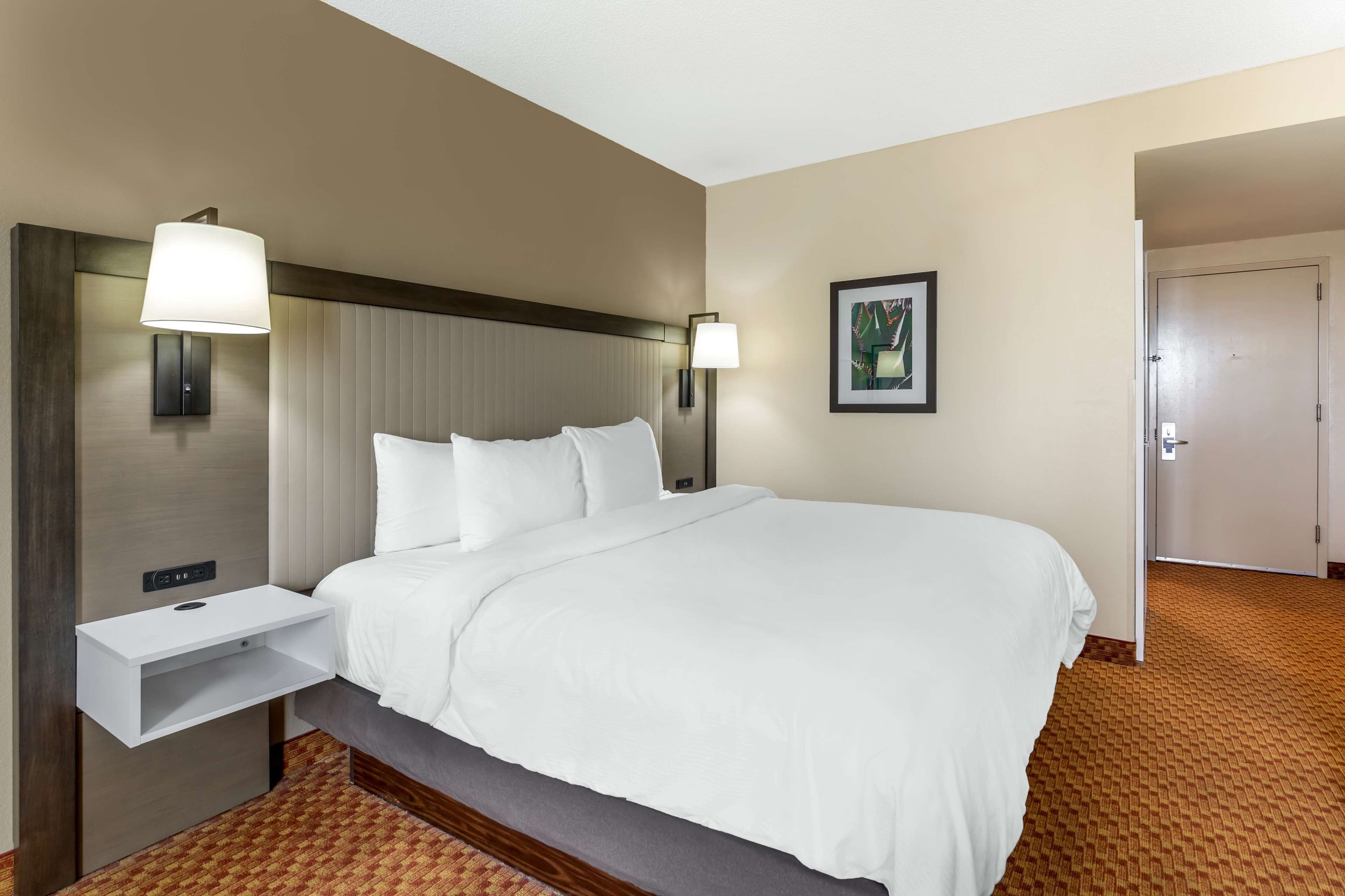 Quarto de hotel com cama, mesas de cabeceira, luminárias fixadas na parede, um quadro emoldurado e piso coberto por carpete.