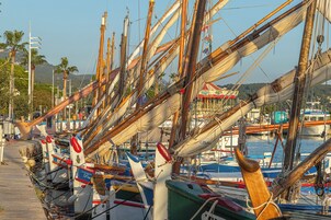 Uma marina com vários barcos atracados, um cais e um edifício distante com telhado vermelho.