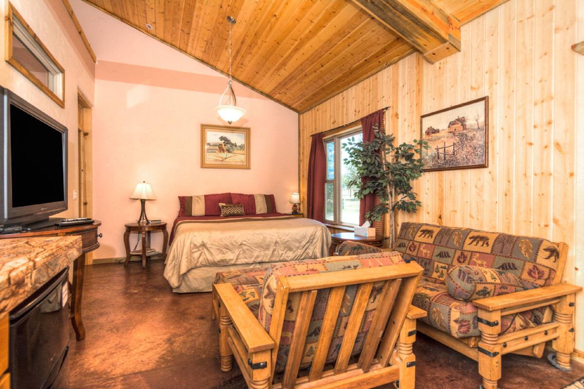 Quarto aconchegante com uma cama, um sofá, uma televisão e uma janela com cortinas.